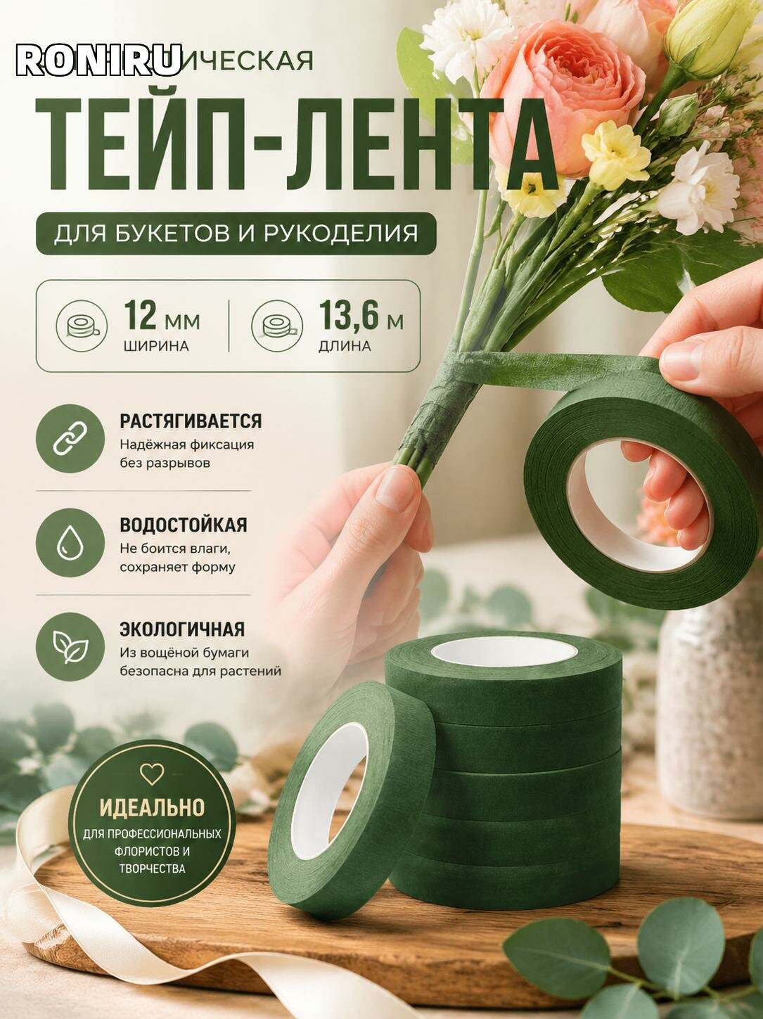 Флористическая тейп-лента 12 мм 13.6 м зелёная — растягиваемая водостойкая лента из вощёной бумаги для букетов и рукоделия