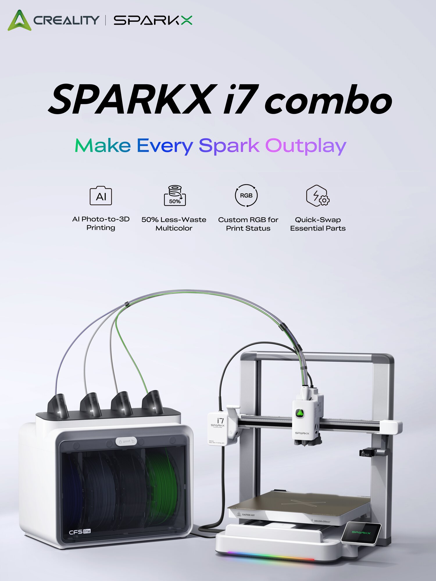 3D-принтер Creality SPARKX I7 COMBO: AI-моделирование, мультиколор, экономия 50% пластика, 260×260×255 мм, 500 мм/с