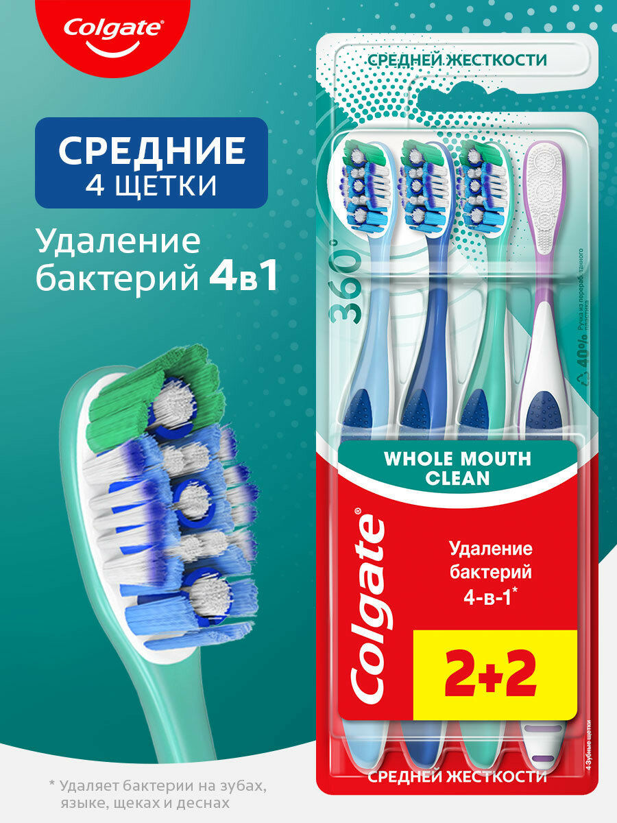 Зубная щетка COLGATE 360 суперчистота, средняя 2+2, 1 упаковка