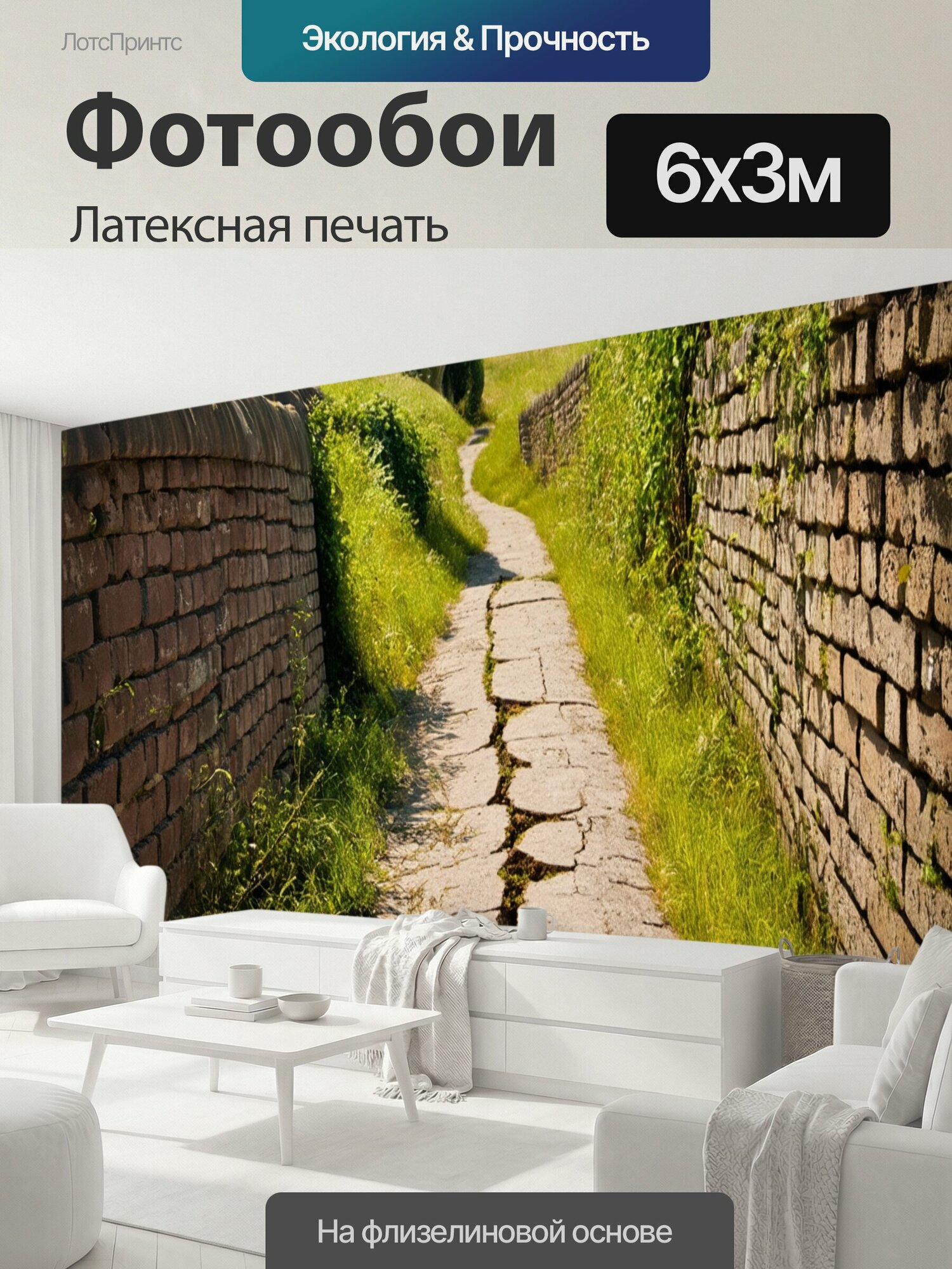 Фотообои моющиеся ударопрочные "Узкая старая дорога, покрытая трещинами и заросшая травой. стены из старого кирпича, окружённые дикими растениями." 600x300 см. латексная печать
