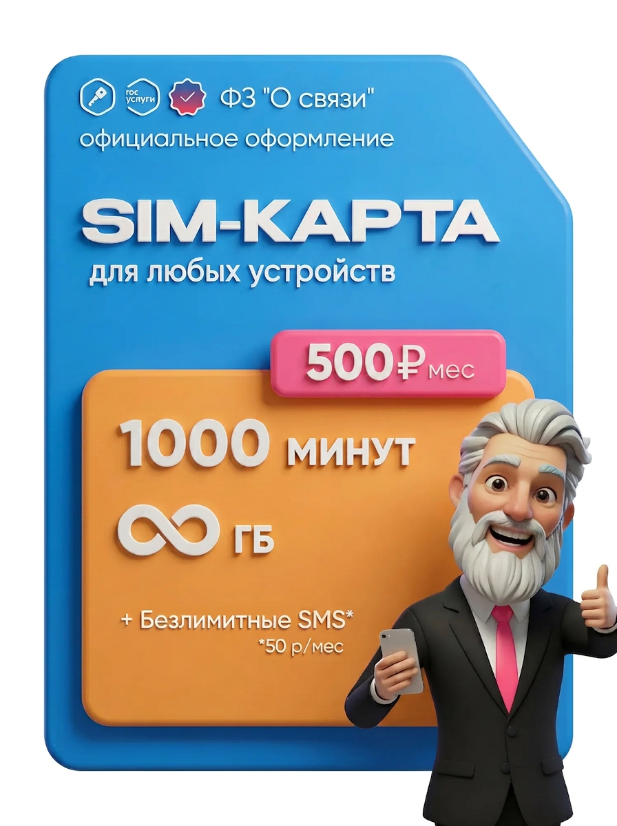 SIM-карта тариф "Супер безлимит" 500 руб. мес. 1000 минут на любые мобильные номера РФ