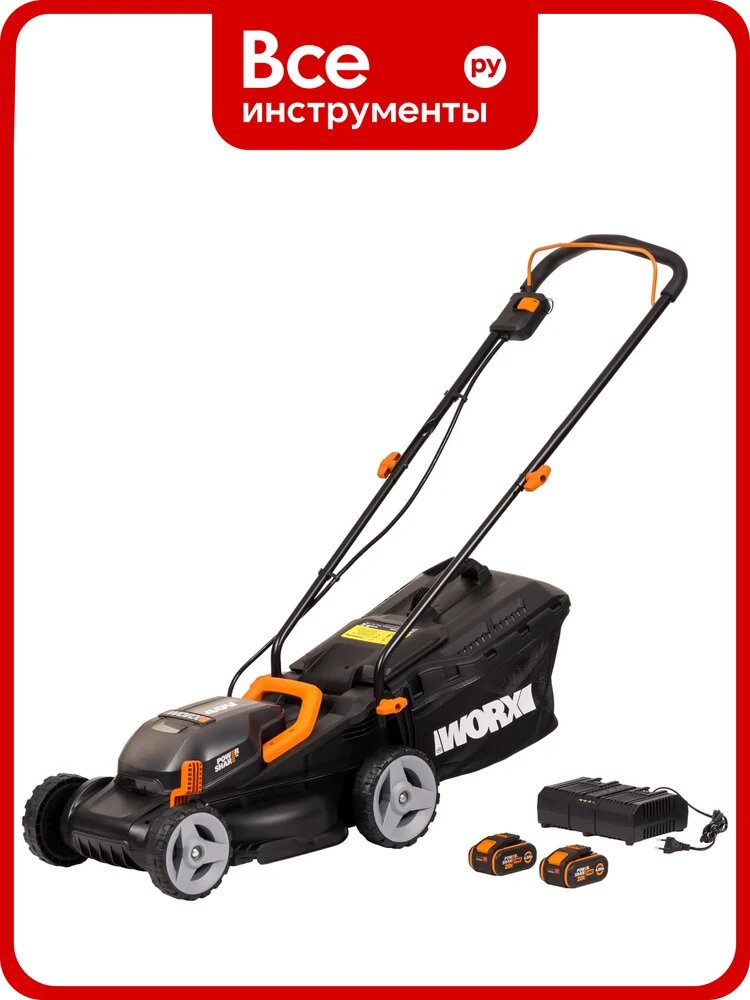 Газонокосилка WORX WG779E.1, Li-ion, 2x20В, 4Ач, 34 см, 45 л, 12,5 кг