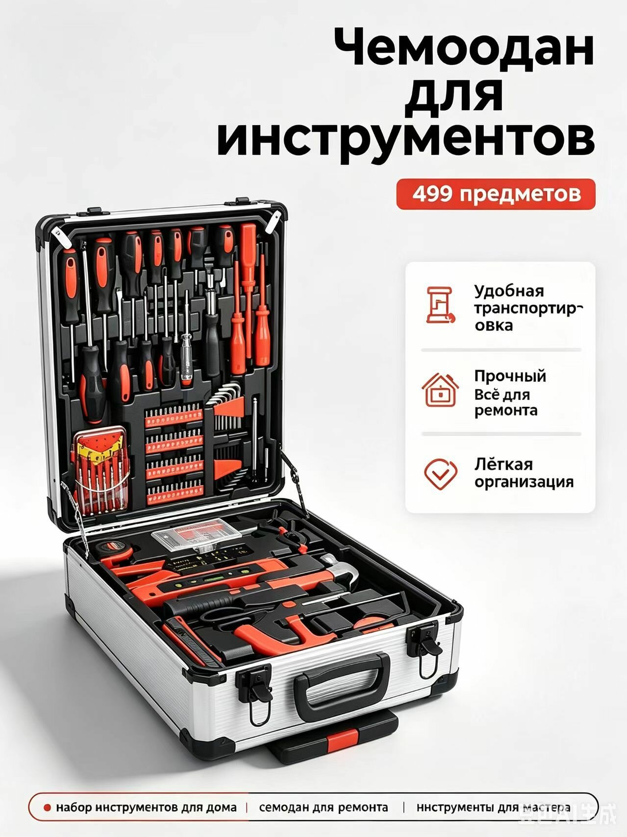 Профессиональный набор инструментов 499 предметов в алюминиевом кейсе для авторемонта и мастерской Полный комплект ключей, головок и бит для легкового и грузового авто