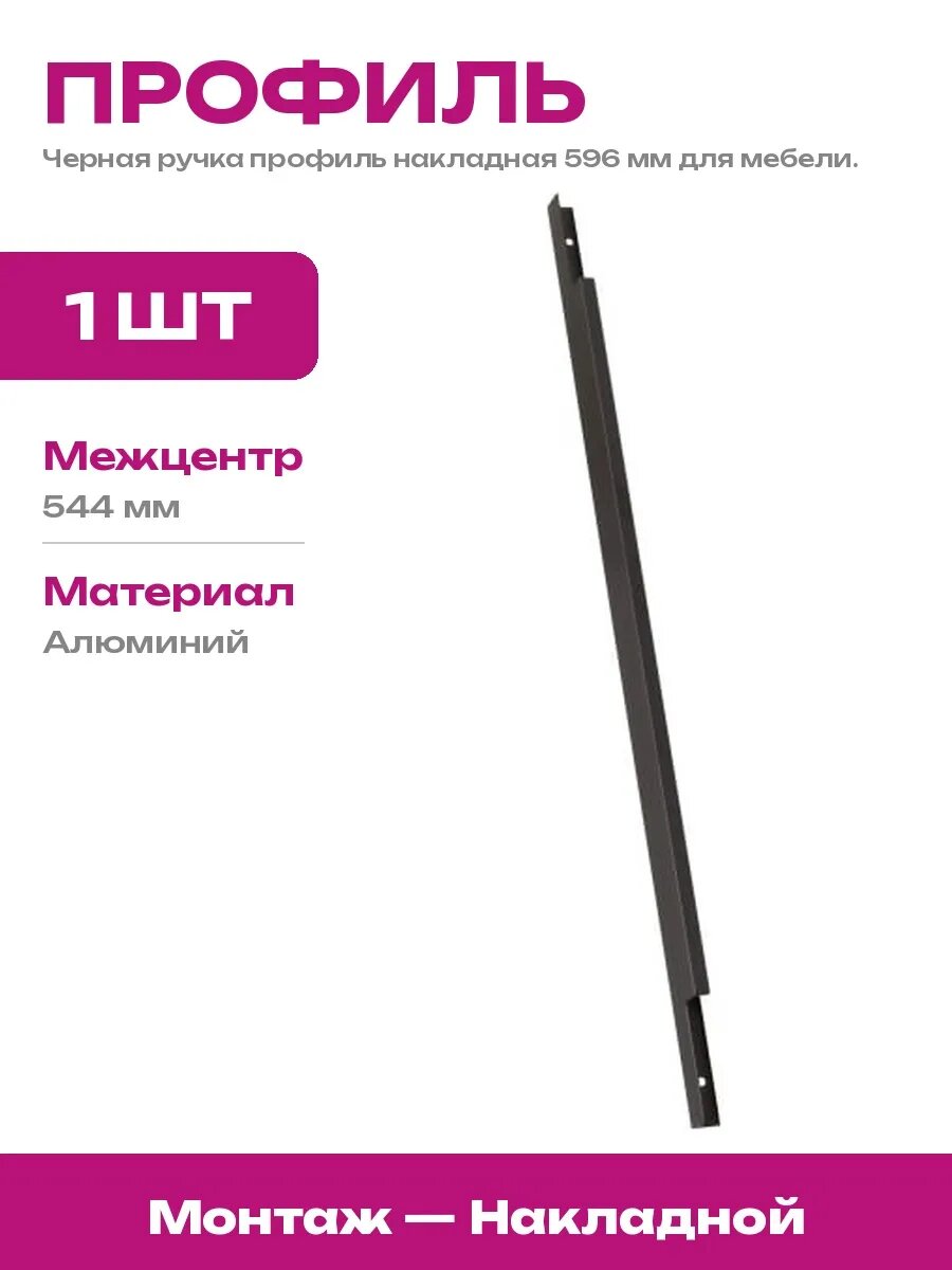 Ручка торцевая 596 мм черная матовая для мебели профильная
