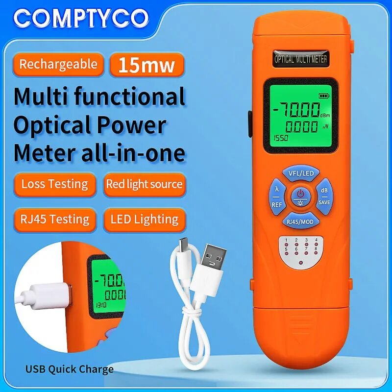 COMPTYCO AUA-C70 перезаряжаемый мини измеритель оптической мощности, с визуальным локатором повреждений 15 км, RJ45 LED 4-в-1