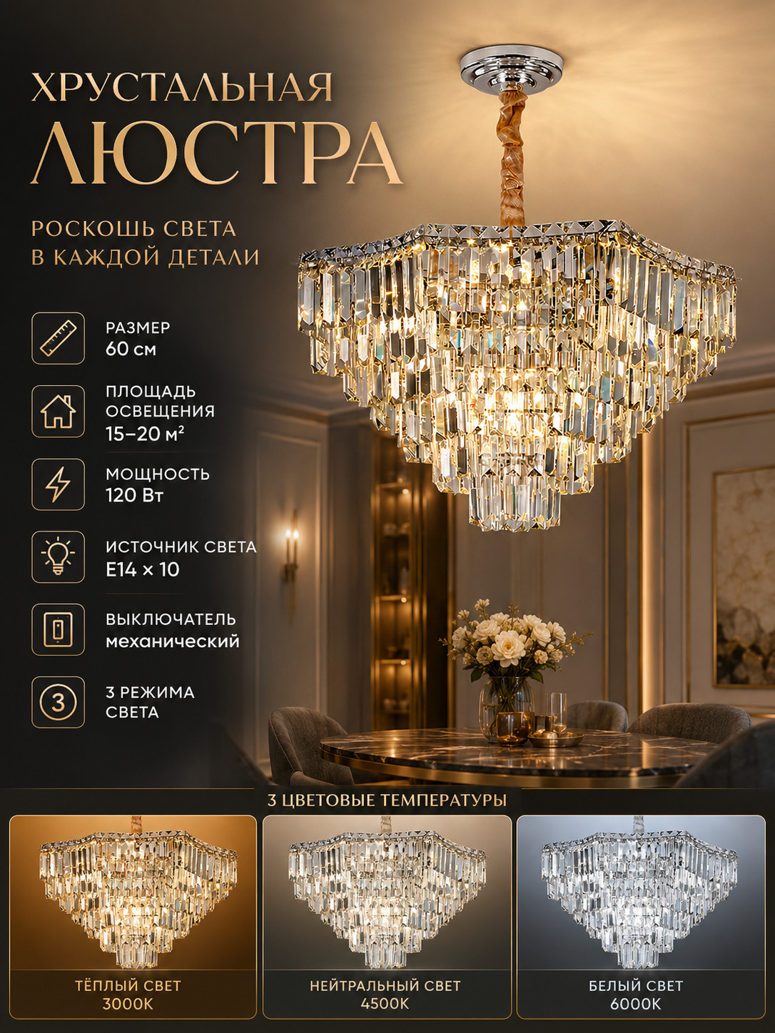 Элегантная, изысканная и роскошная люстра, 3000K–6000K, подходит для гостиной, столовой и барной стойки, 60 см