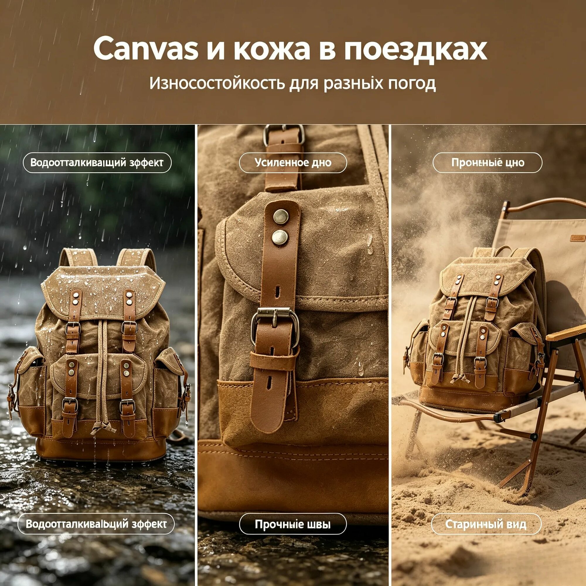 Рюкзак походный водонепроницаемый из масляной ткани 30л, винтажный для рыбалки и путешествий — фото 1