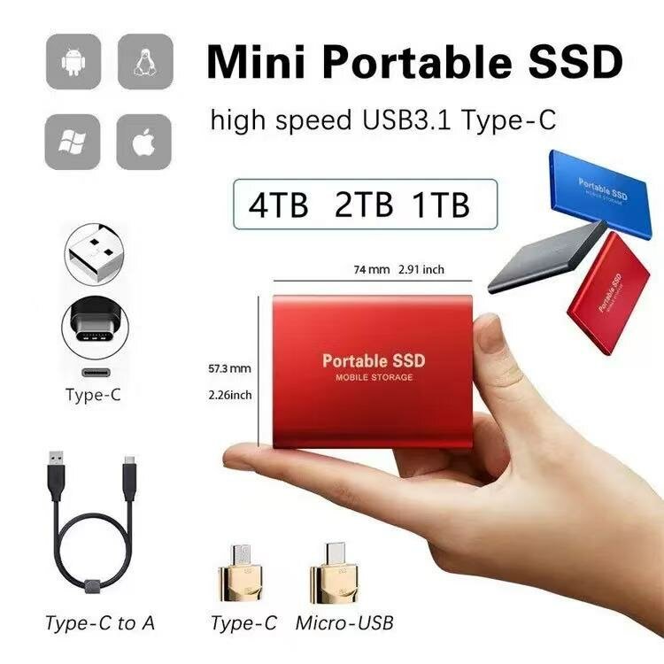 Внешний портативный SSD диск 8 ТБ USB 3.1 Type-C, скорость чтения/записи до 1050 МБ/с, мобильный накопитель красный