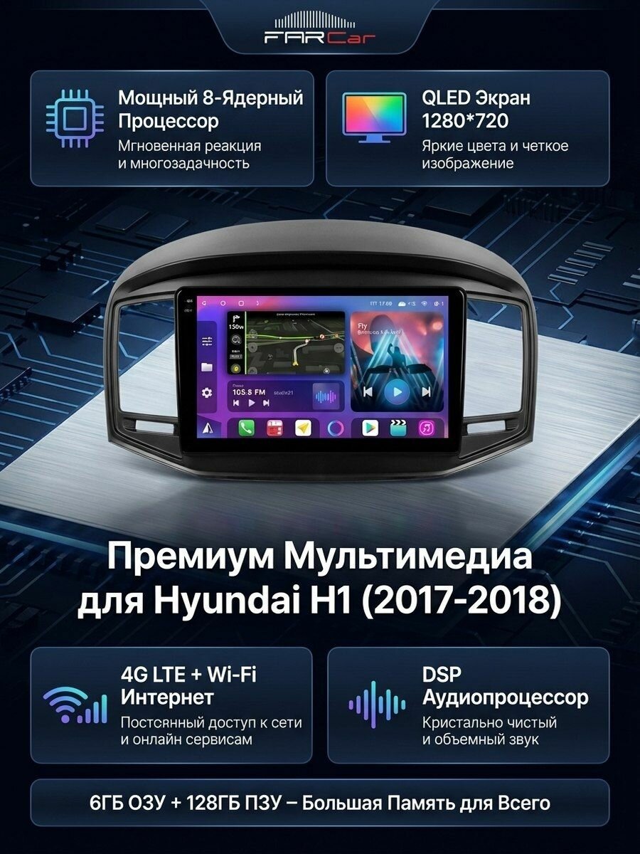 Штатная магнитола Хендай Н1 FarCar (Hyundai H1 2) 2017-2018 на Android 12 + камера заднего вида - 9 дюймов