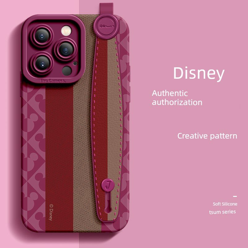 IPhone 16 Plus Vinnyy Cvet Vertikalnyy Diamantovyy Pattern Mickey Silikonovyy Remeshok s Otkrytiem dlya Ob'ektyva