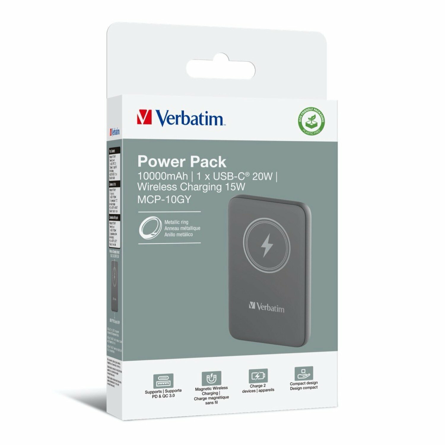 Портативный аккумулятор Verbatim Charge‘n’Go Power Bank 10000 мАч с беспроводной зарядкой, серый