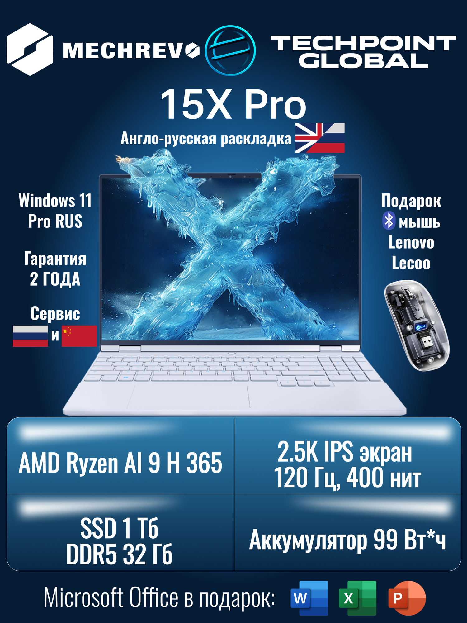Ноутбук Mechrevo 15X Pro, AMD Ryzen AI 9 H 365, AMD Radeon 880M, 32 GB, 1 TB, белый