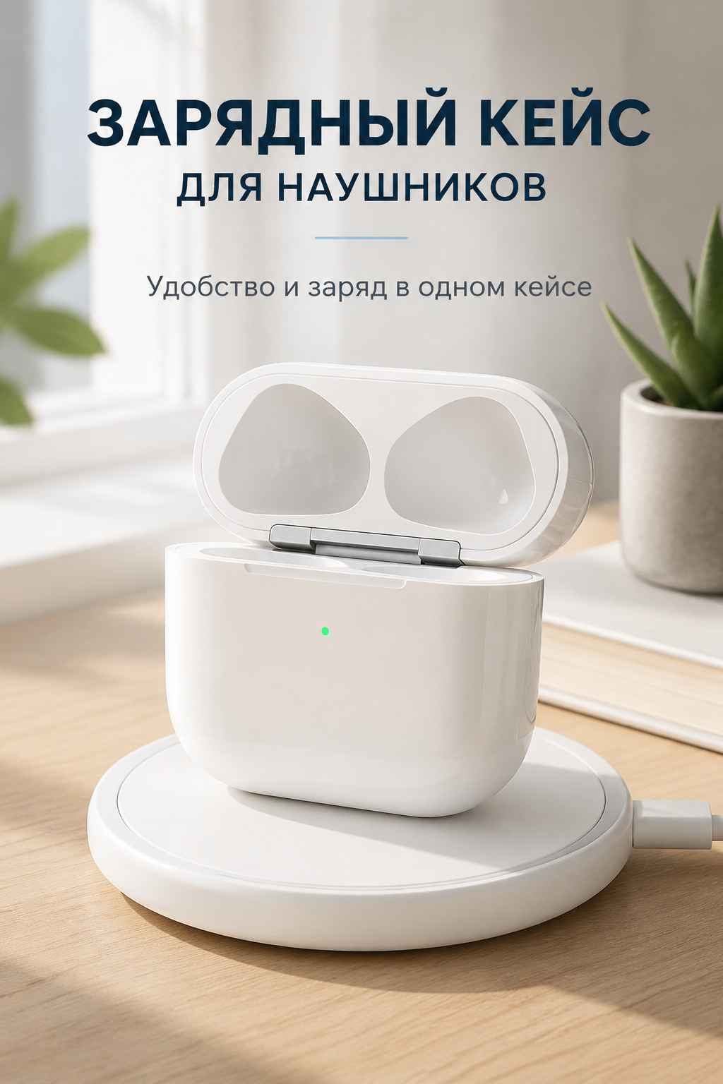 Зарядный кейс для наушников с беспроводной зарядкой, белый, 620 мАч
