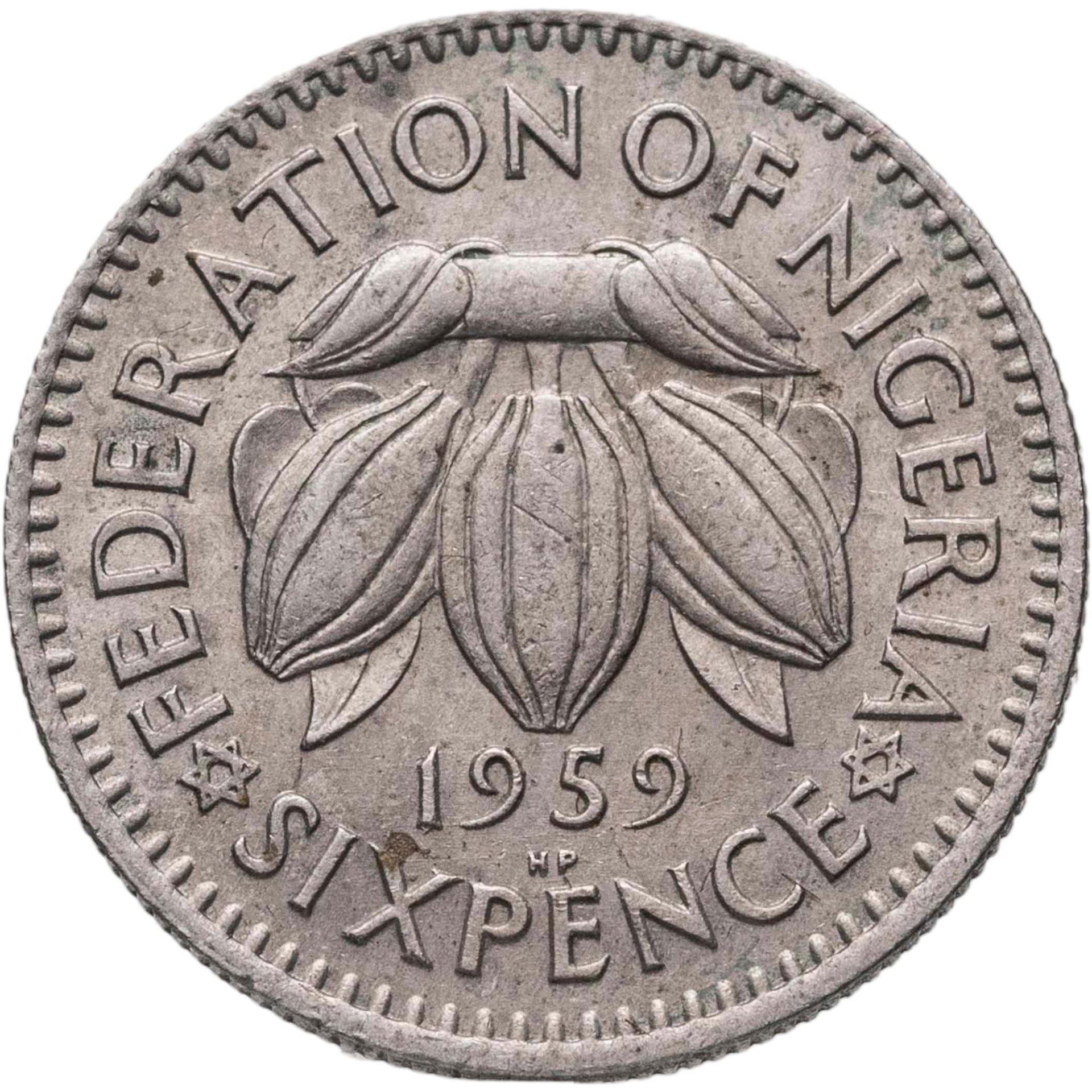 Нигерия 6 пенсов pence 1959, Мельхиор медь-никель, в сохранности AU