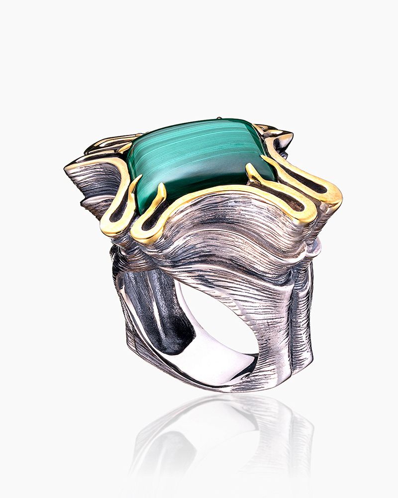 Кольцо SARKISSIAN, серебро, 925 проба, чернение, золочение, малахит