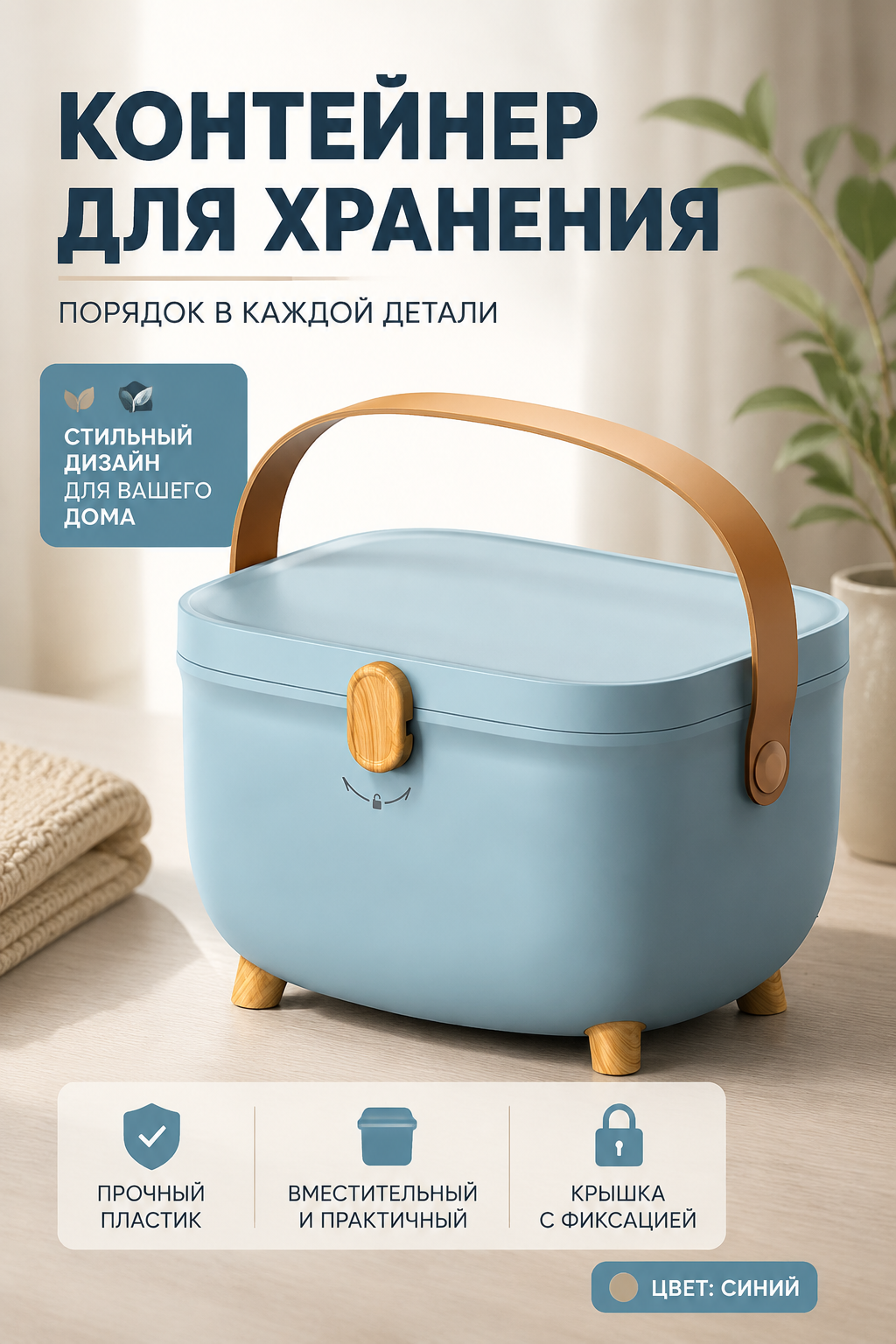 Пластиковый контейнер для хранения с крышкой и ручкой, синий