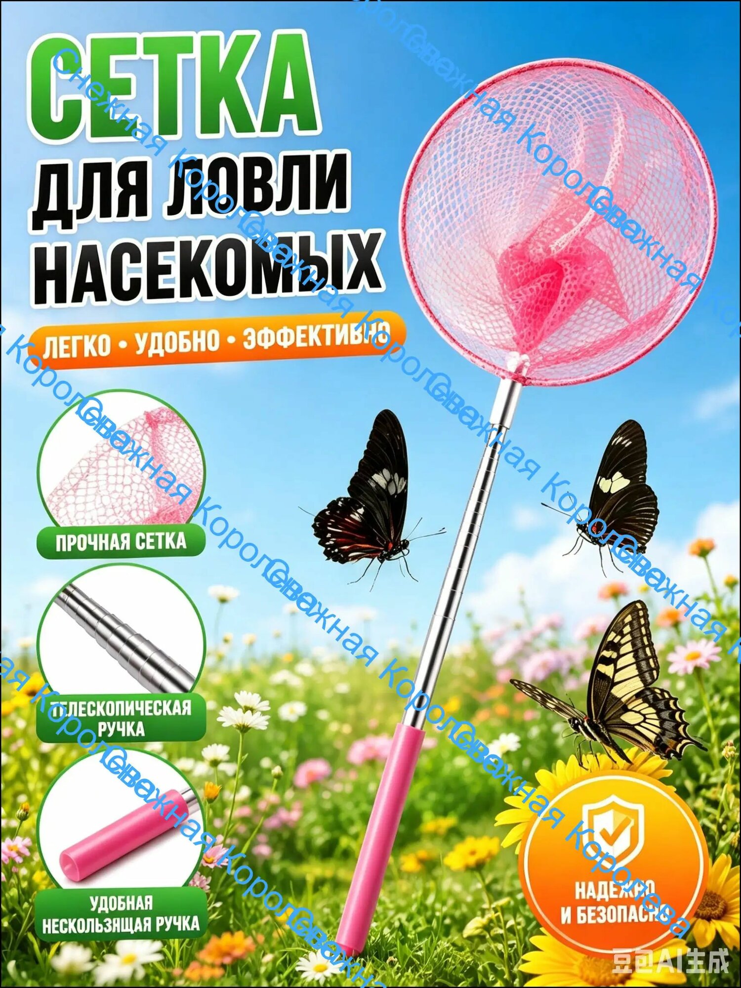 Телескопический сачок для ловли бабочек и насекомых красный универсальный инструмент для детей и взрослых FUN0569