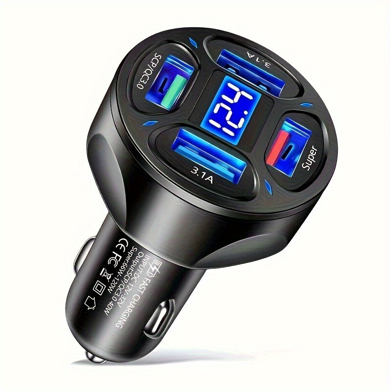 Автомобильное зарядное устройство 4-в-1, 120W, 4 USB, цифровой дисплей, быстрая зарядка PD/QC3.0, 7A, черный