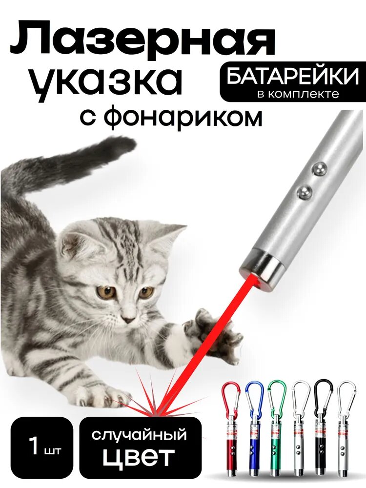 Лазерная указка, игрушка дразнилка для кошек и собак с фонариком. Для презентаций, конференций, для игры с домашним питомцем, для животных, зоотовар. лазер + фонарик (случайный)