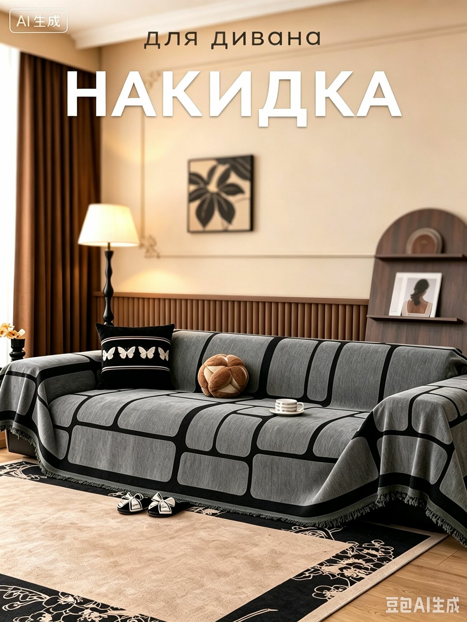 Чехол на мебель для дивана 180x180 см фактурный геометрический темно-серый