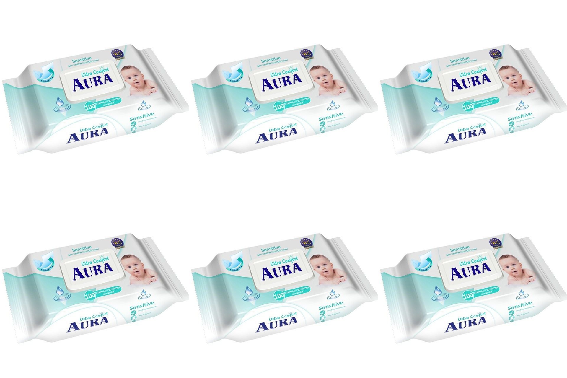 Aura Влажные салфетки для детей Ultra Comfort с Алоэ и витамином Е, 100 штук в упаковке с крышкой, 6 уп/