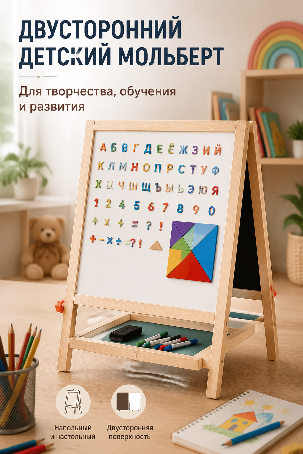 Двусторонний детский мольберт для рисования, 40×27×17 см, напольный и настольный