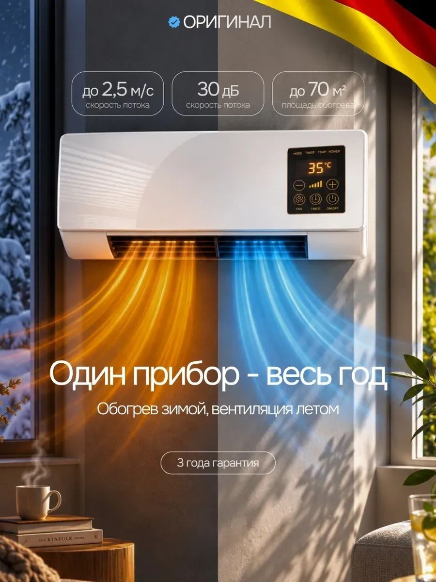 Обогреватель электрический настенный для дома 2000 Вт, керамический тепловентилятор с пультом и термостатом
