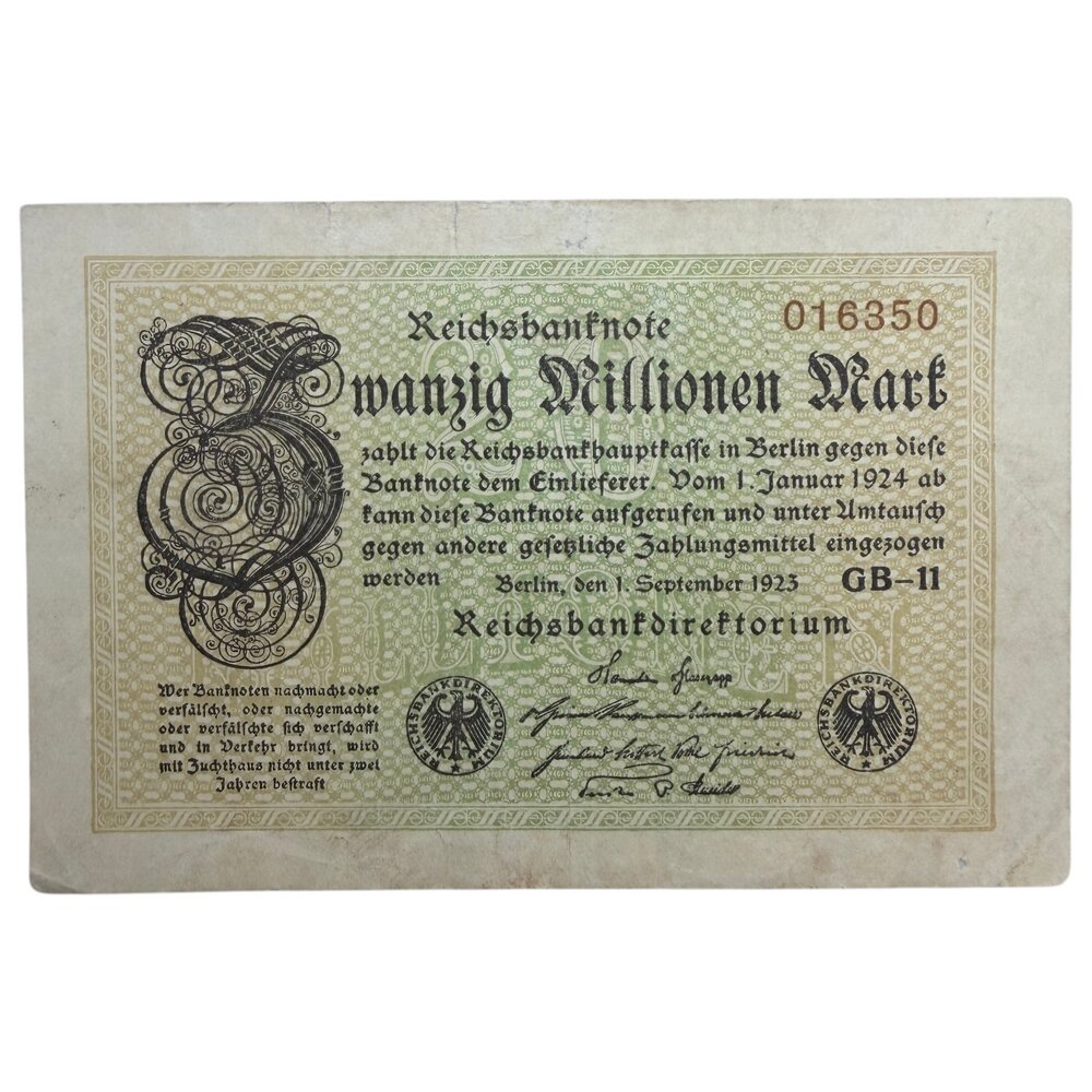 Веймарская республика 20000000 (20 миллионов) марок 1923 г. (01.09) (ВЗ - Звёзды G&D) (Серия GB-11)