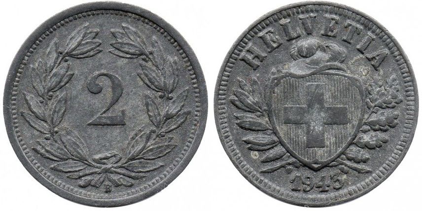 Швейцария 2 раппена, 1943 Герб XF