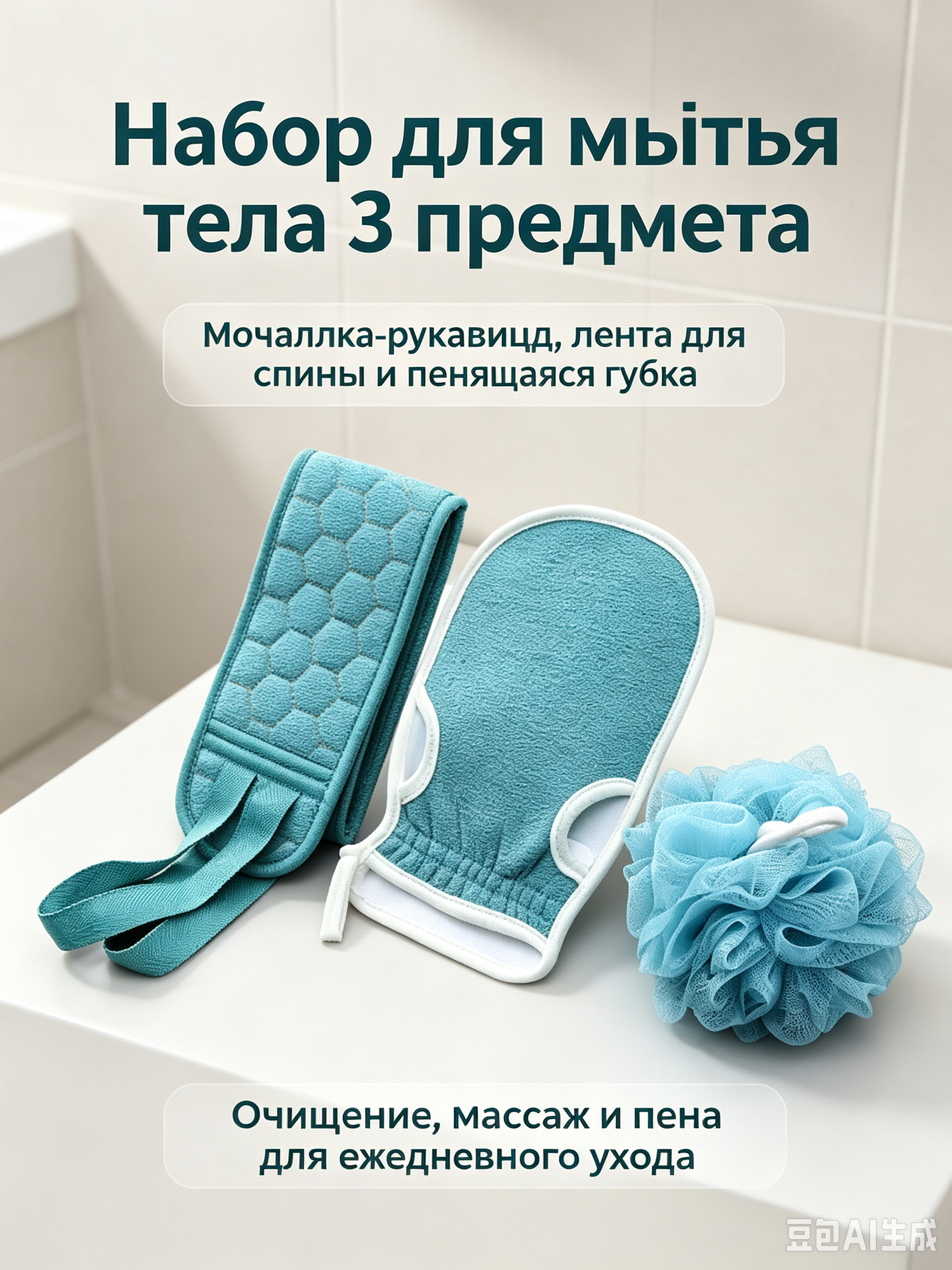 Набор из 3 банных аксессуаров, мочалка‑рукавица, лента для спины, губка‑шарик, для удаления ороговевшей кожи