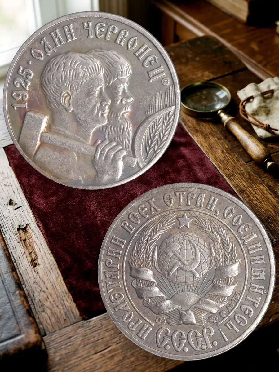 Один червонец 1925 года СССР. Кузнец и жнец направо. Копия