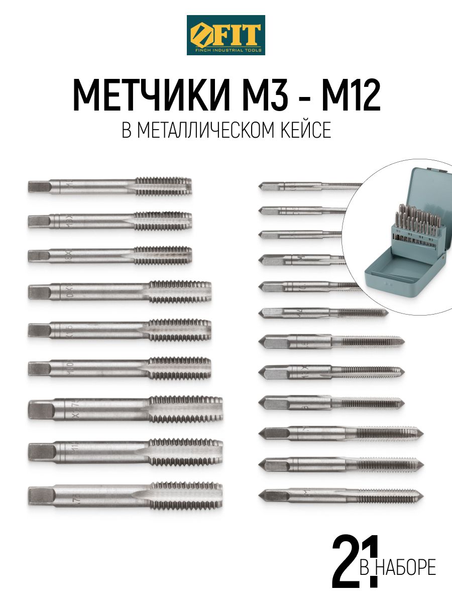 FIT Метчики метрические М3-М12, легированная сталь, набор 21 шт. в металлическом кейсе