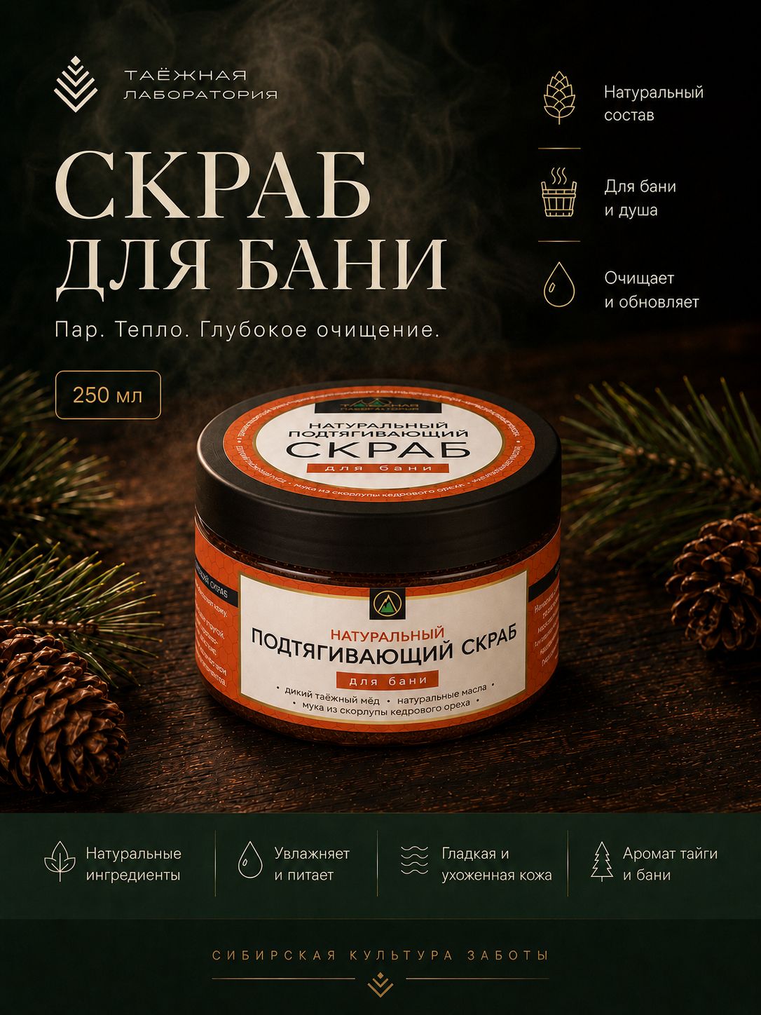 Скраб для бани и тела натуральный с таёжным мёдом и кедром. "Таежная Лаборатория"