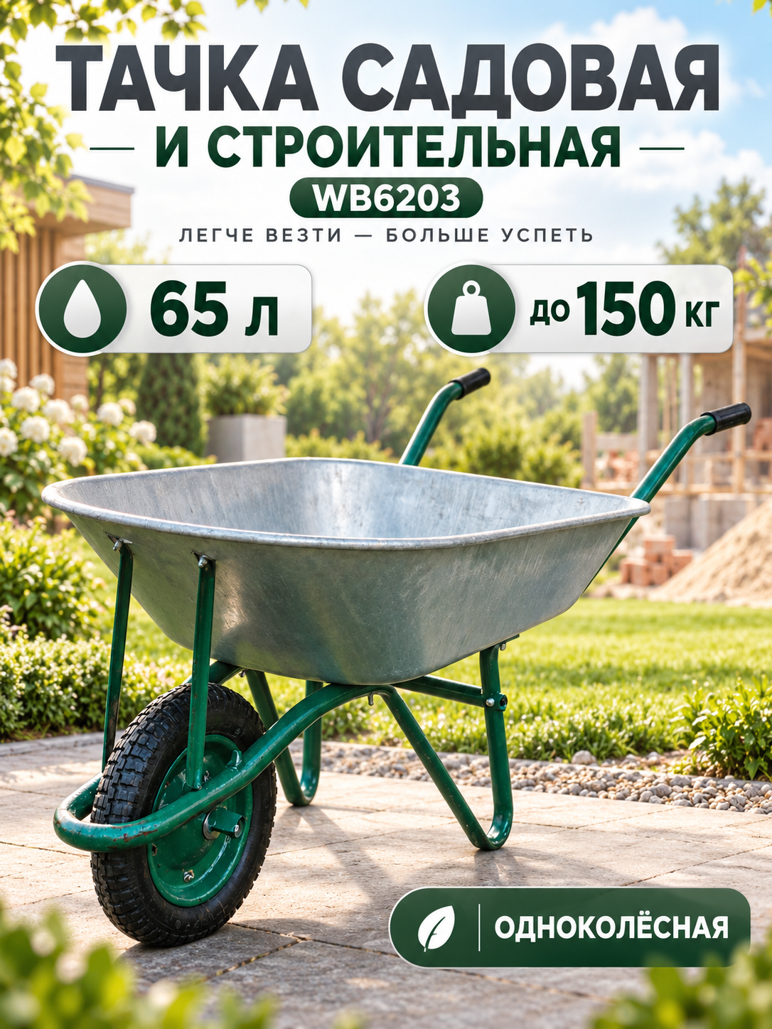 Тачка садовая и строительная WB6203, одноколесная, 65 л, 150 кг, пневматическое колесо