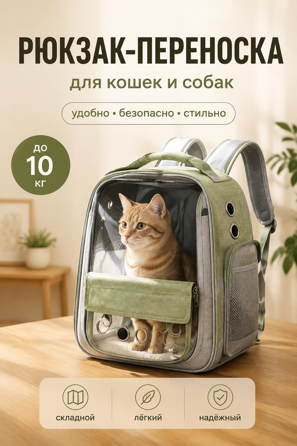Рюкзак-переноска для кошек и собак, тканевый, складной, с прозрачным окном, до 10 кг
