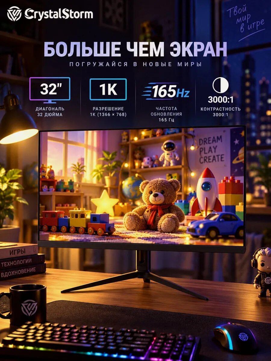 Монитор CrystalStorm, диагональ 32", 1920 x 1080 пикселей, 165Гц, матовый, чёрный