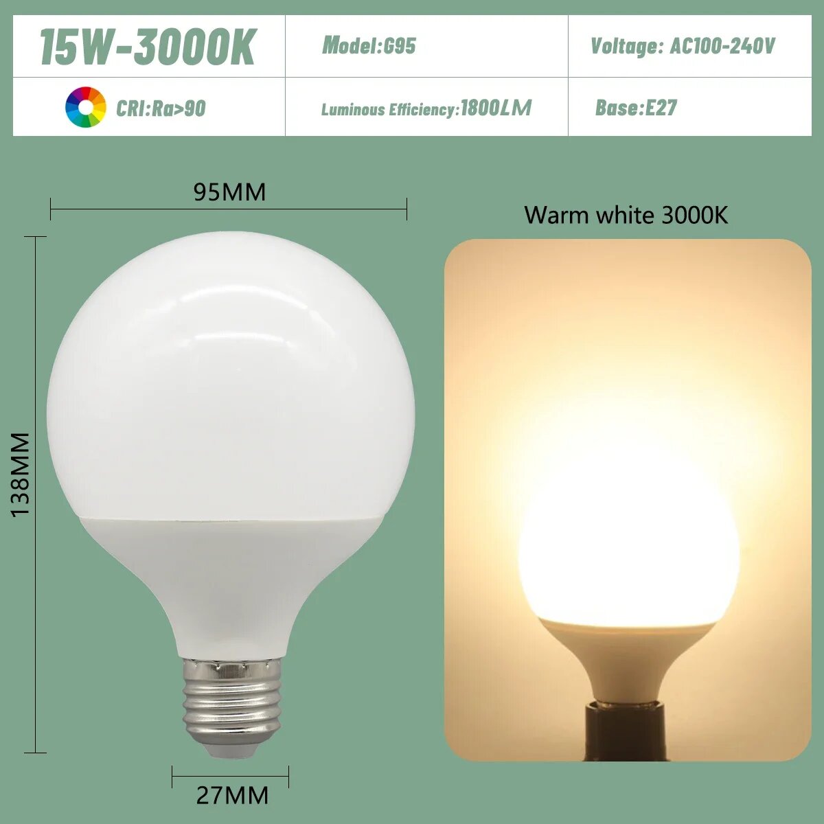 Светодиодная лампа E27 15W 3000K, CRI: Ra>80