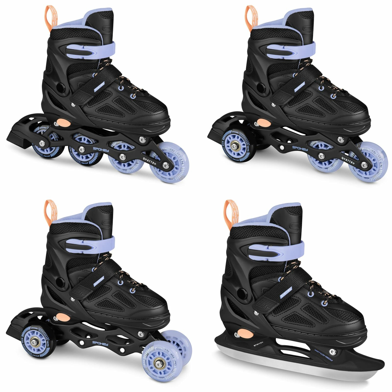 DECATHLON конькоролики Spokey Quattro, 4в1, черный/фиолетовый, размер 30/33, светящееся колесо