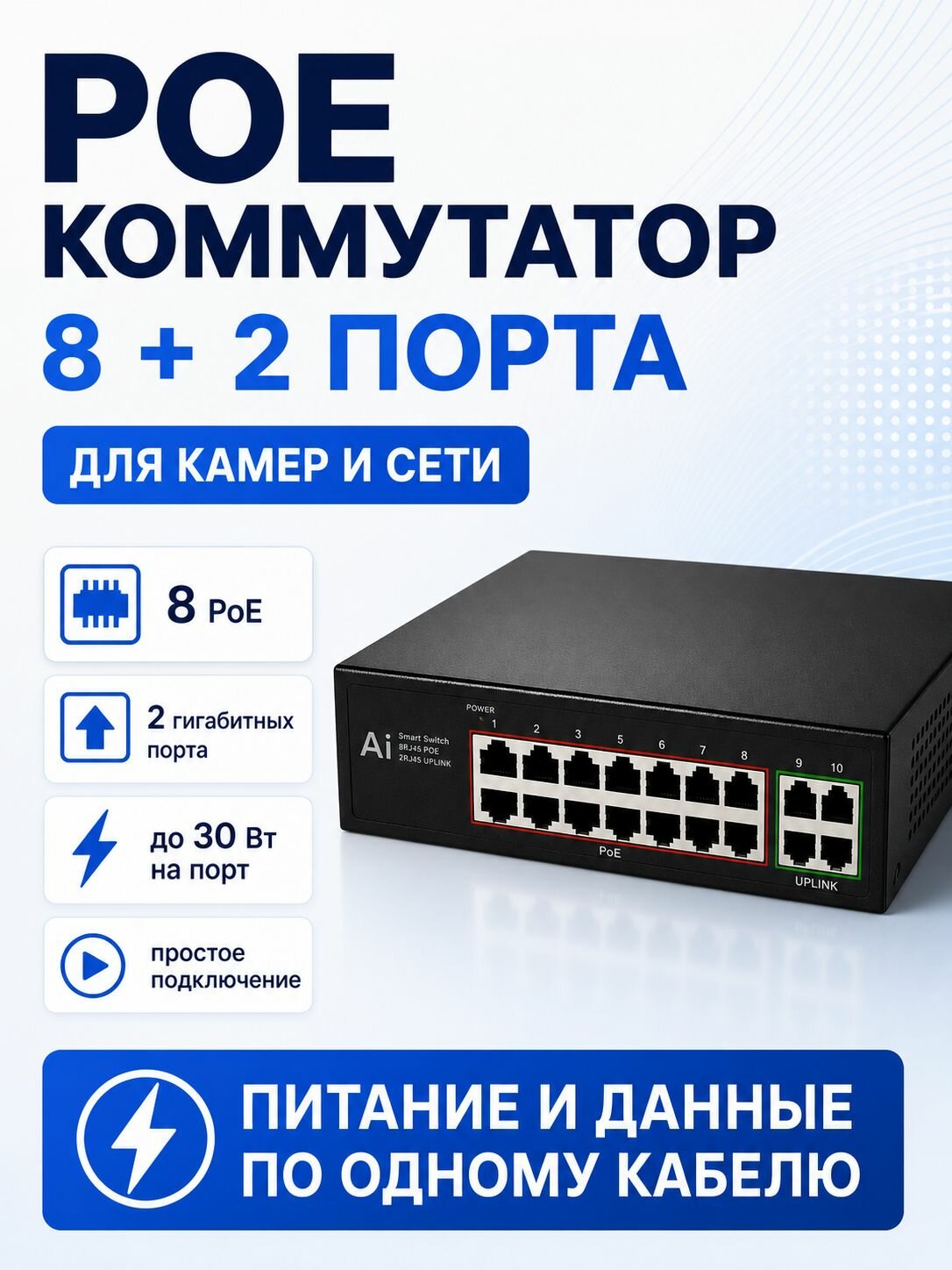 Мини-коммутатор POE F08G20-J на 8 портов (8+2) - 8*10/100 Мбит/с