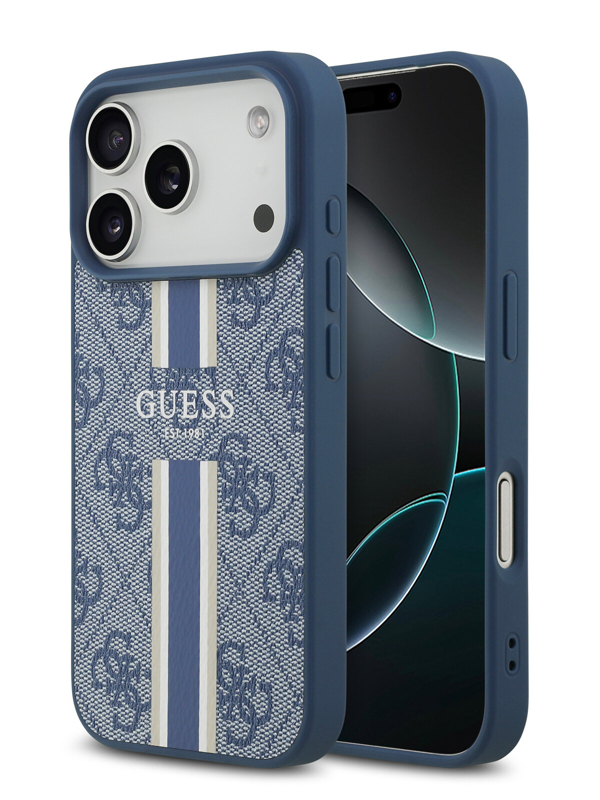 Чехол Guess на iPhone 17 Pro, из экокожи 4G Stripes, с магнитами MagSafe, синий