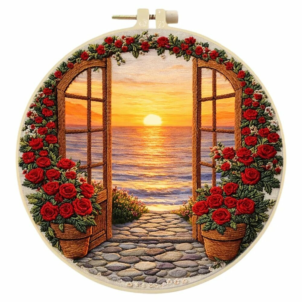 Набор для вышивания Roses and Sunset на хлопковой ткани 29 29 см с бамбуковым пяльцами