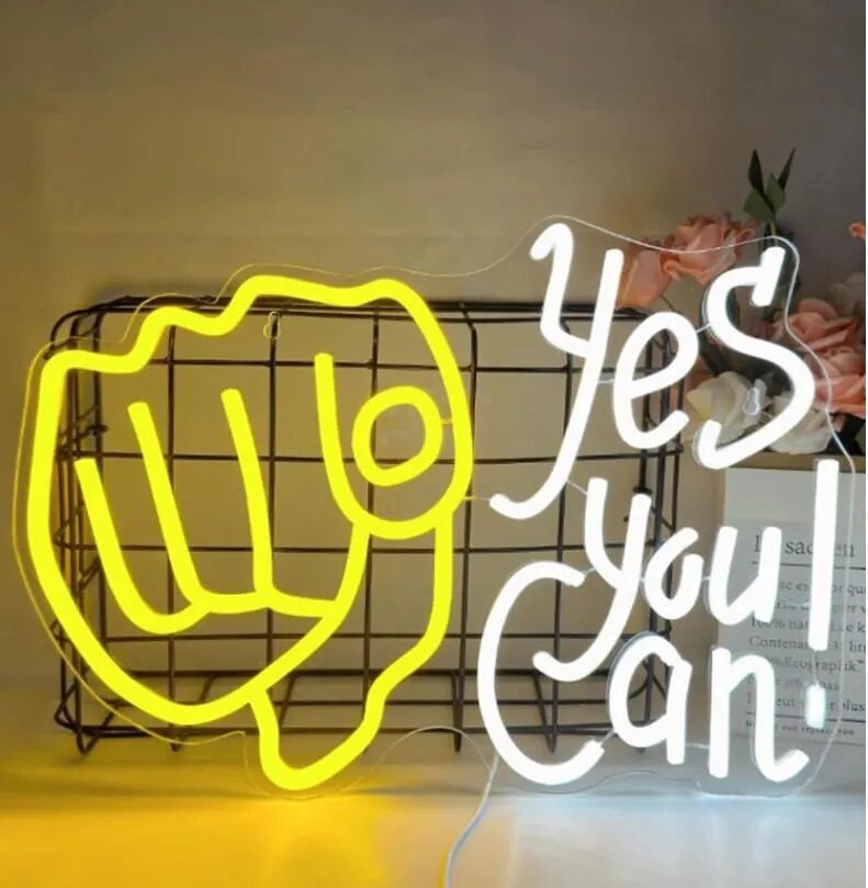 Неоновая лампа "Yes You Can!"с жёлтым кулаком, 450 мм