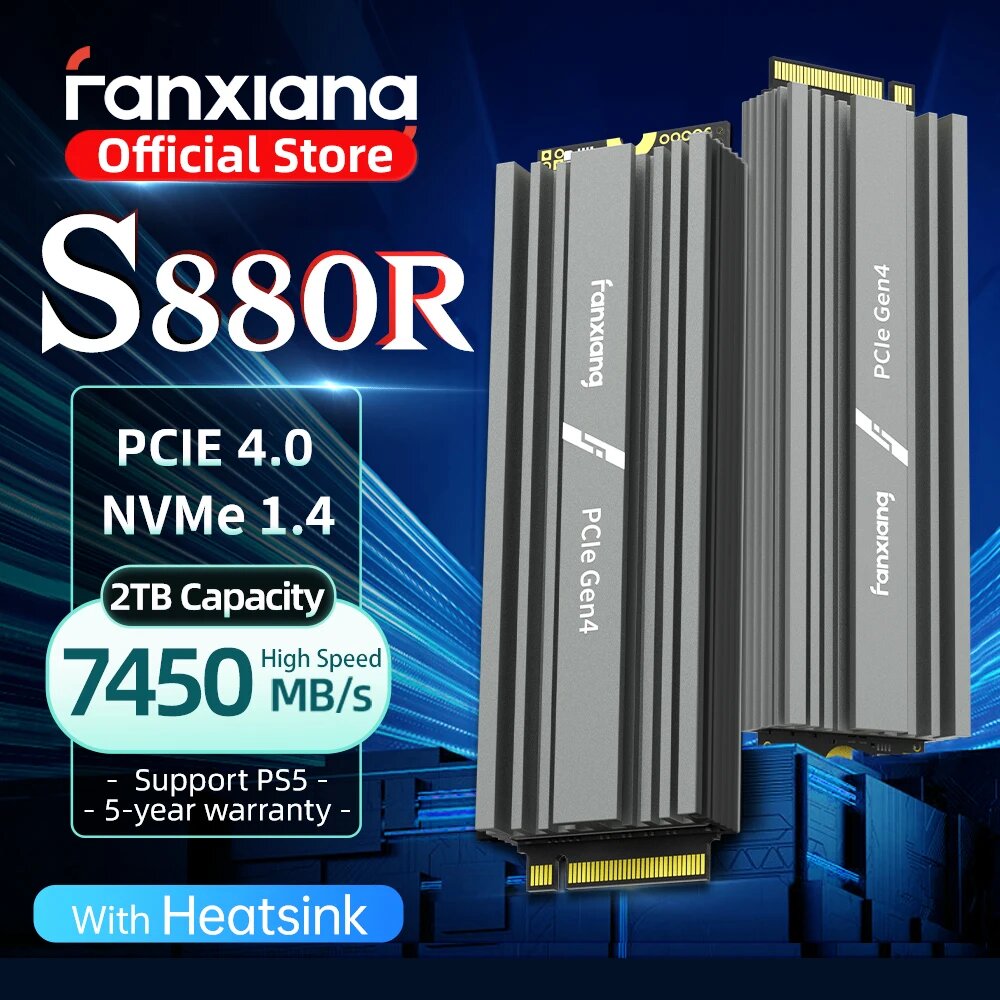 Внутренний твердотельный накопитель Fanxiang S880R 7450MB/s SSD NVMe M.2 2280 4TB 2TB 1TB с радиатором для PS5, ПК, ноутбука