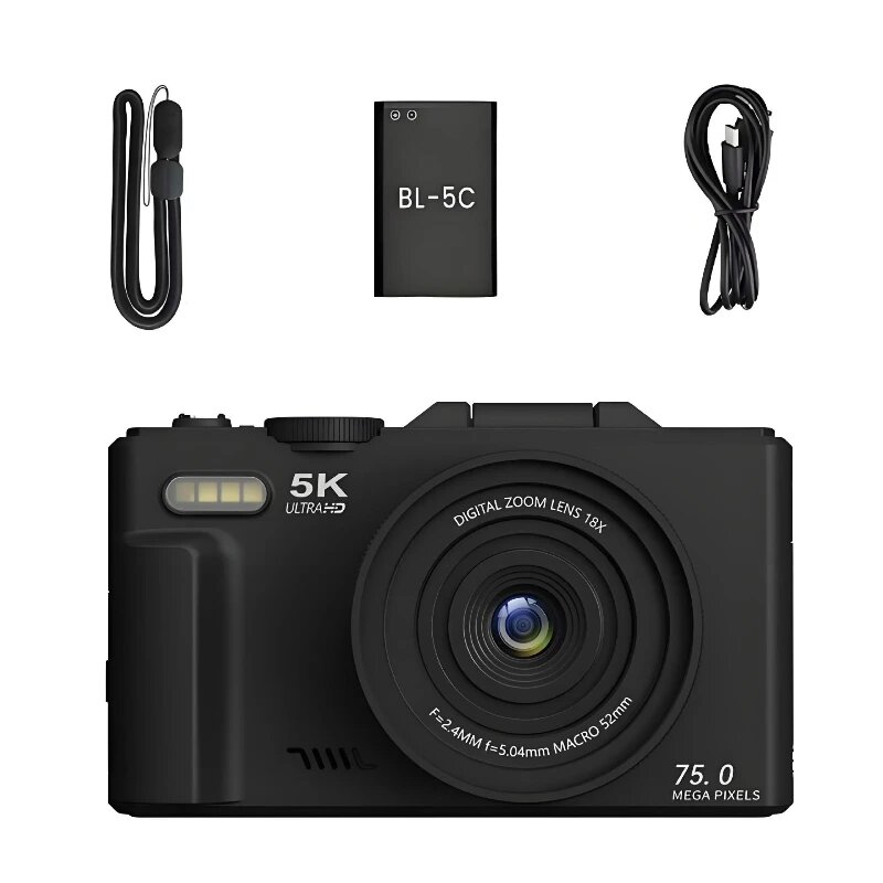 MBVM Цифровая камера 5K 75МП Черный, 64GB Card, Black