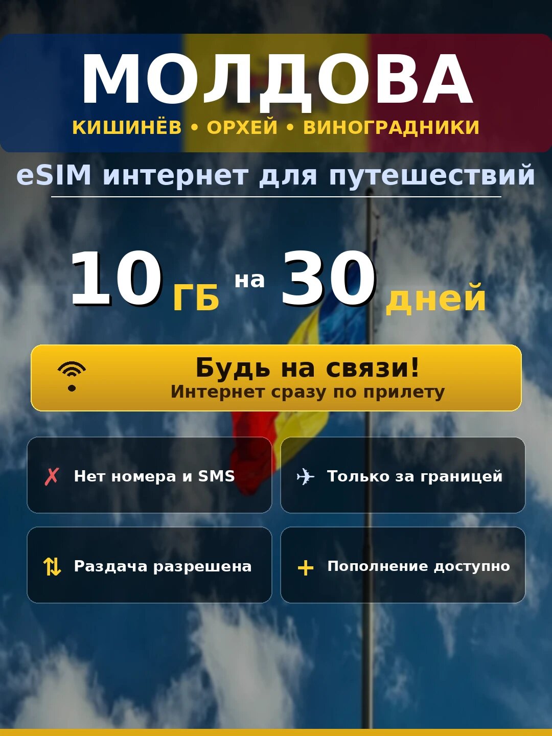 ESIM Молдова — мобильный интернет 10 ГБ на 30 дней | виртуальная SIM-карта для путешествий