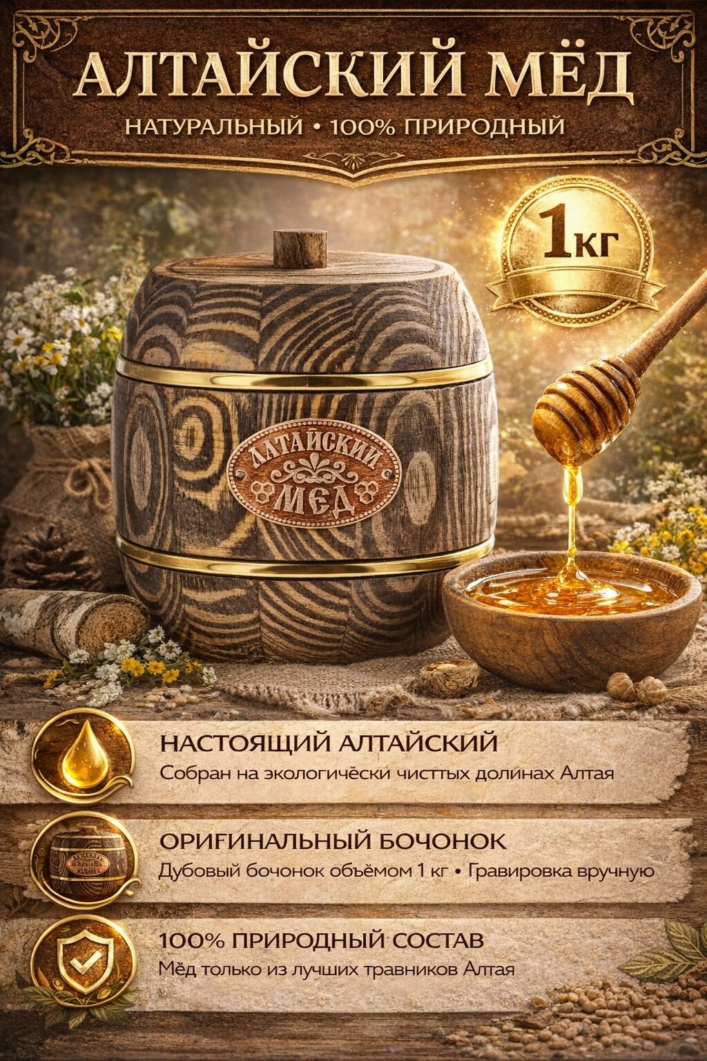 Мед алтайский "Золото Алтая", натуральный цветочный ,1000 г.