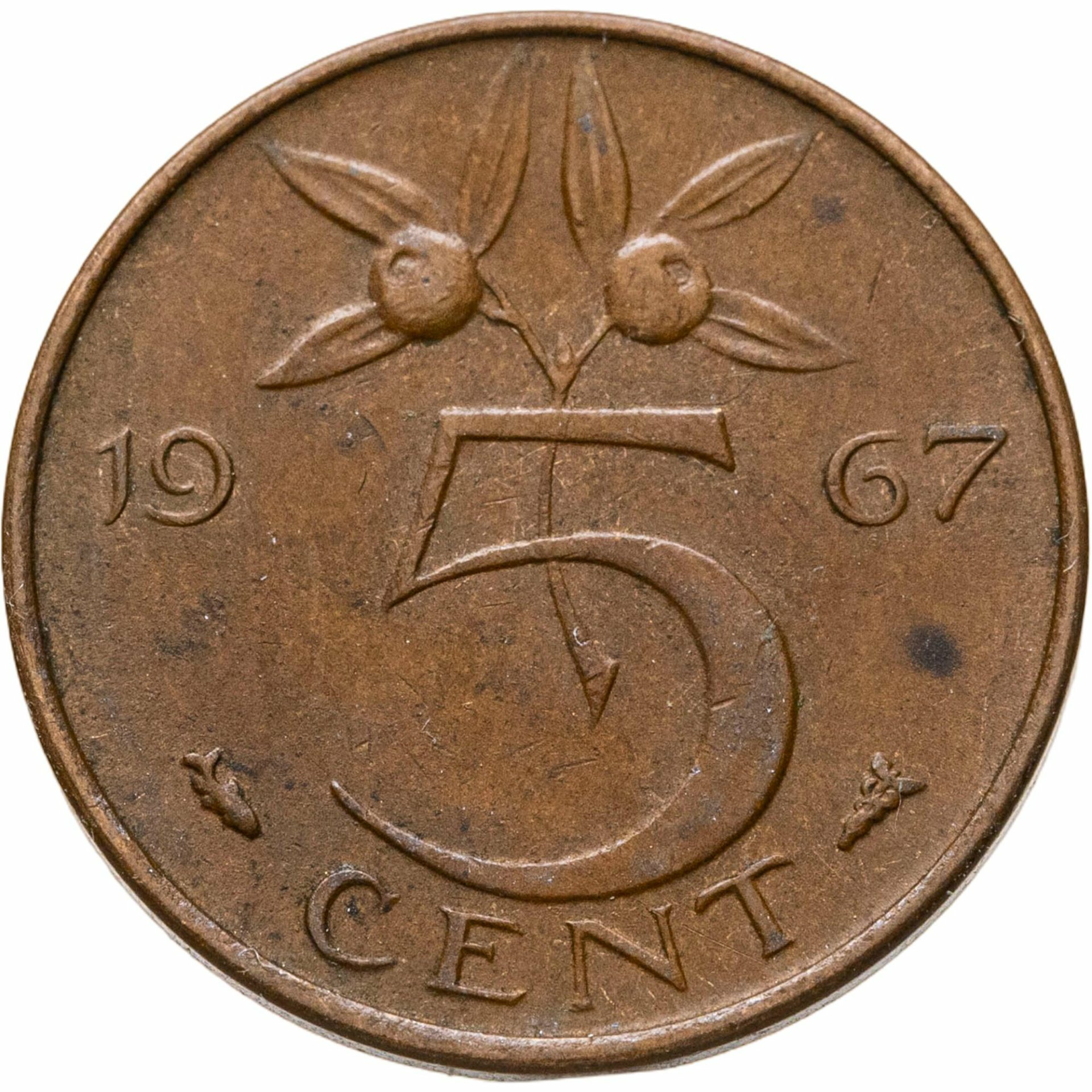 Нидерланды 5 центов cents 1967, Бронза, в сохранности XF