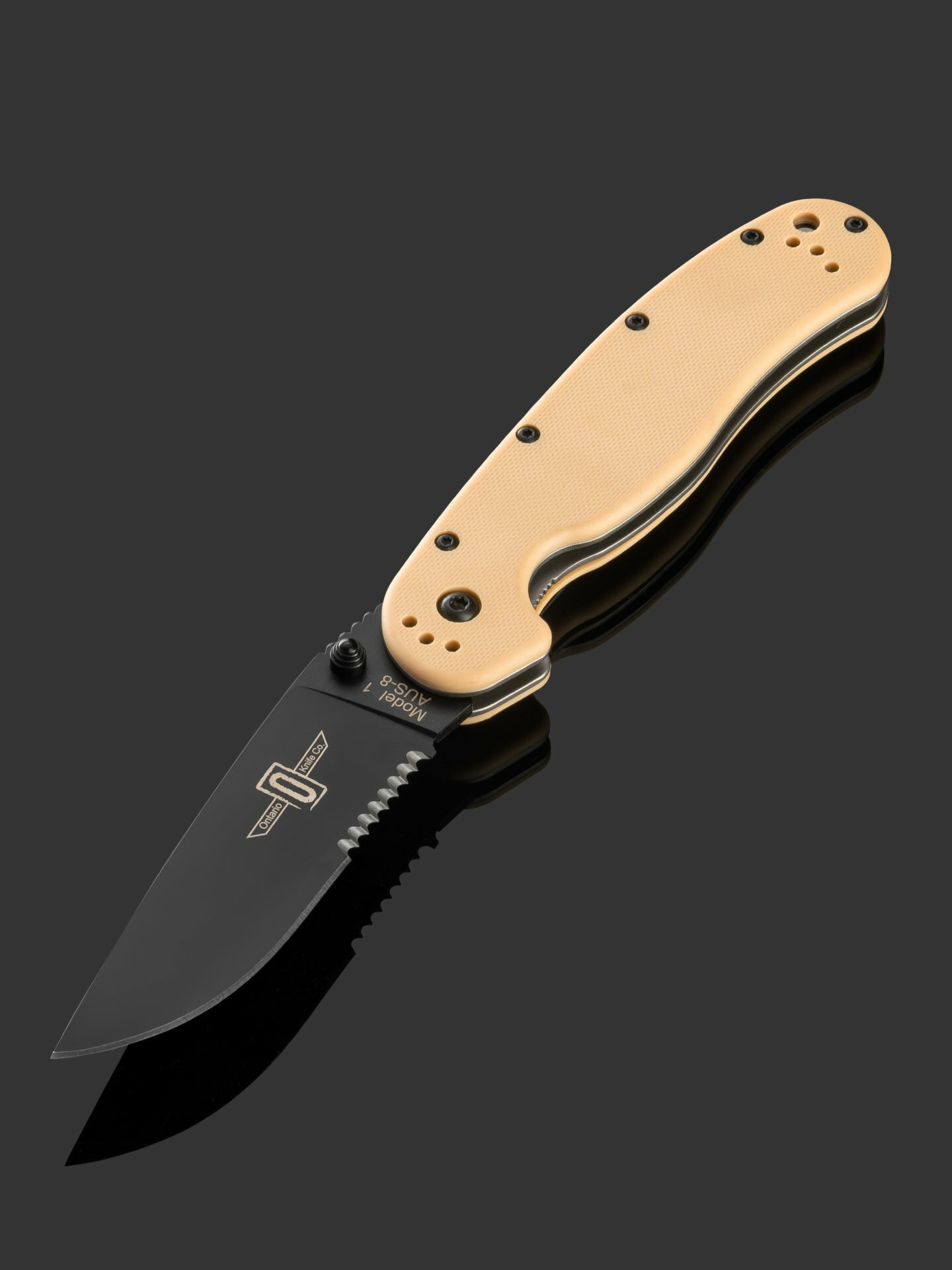 Складной нож Ontario RAT-1 ON8847DT, сталь AUS 8 Serrated покрытие black EDP, рукоять GRN desert