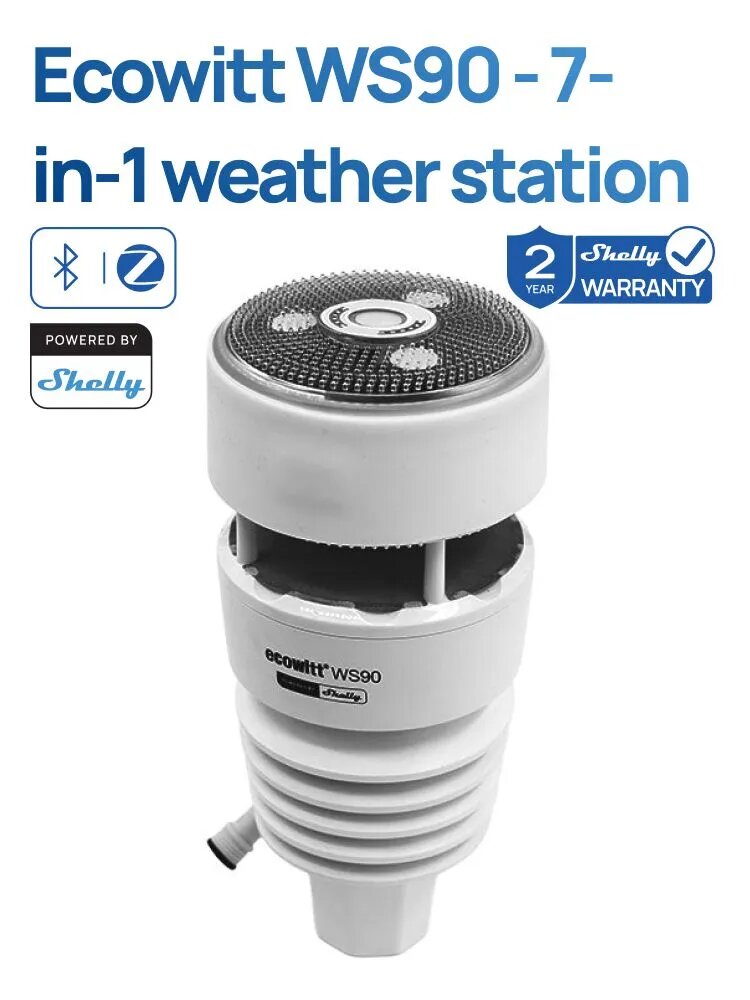 Ecowitt WS90 7 in 1 Shelly метеостанция, Bluetooth, Zigbee, измерение ветра, осадков, температуры, влажности, УФ излучения, солнечной радиации и атмосферного давления.