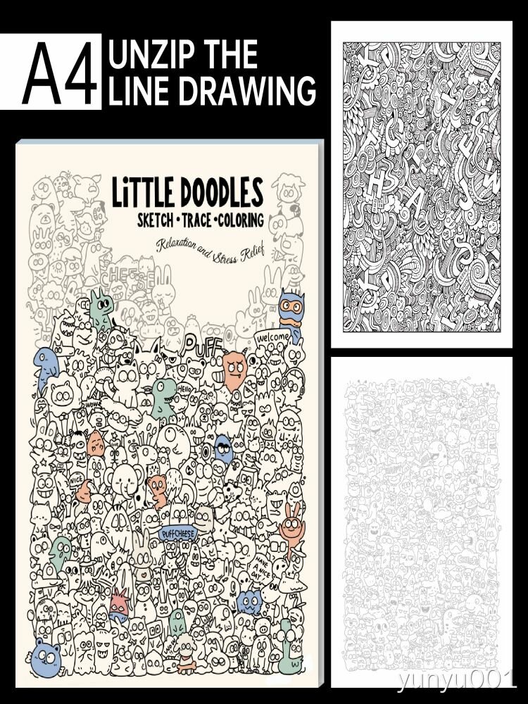 Блокнот-раскраска Little Doodles A4 для снятия стресса, 32 листа, для творчества, формат А4 — фото 1